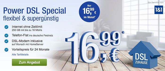 1&1 DSL Power Flat 16 + Telefon-Flat für 16,99€ monatlich