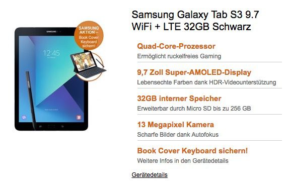 Samsung Galaxy Tab S3 9.7 WiFi + LTE 32GB ab 219€ (statt 760€) + bis zu 20GB Telekom LTE-Flat ab ...
