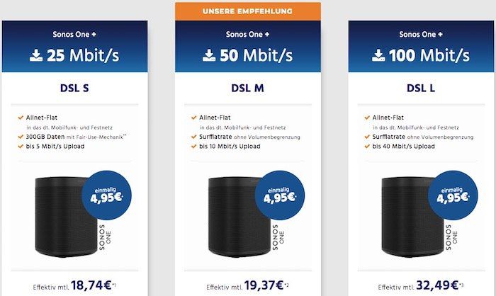 o2 DSL Angebote - z.B. DSL M mit 50 Mbit/s für 19,37€ mtl. + Sonos One ...
