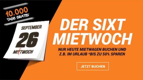 Sixt Mietwoch mit bis zu 50% Rabatt auf Mietwagen - gültig von 2 bis 7 ...