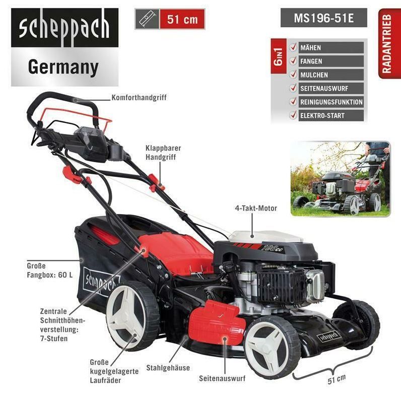 Scheppach MS196-51E - Benzin Rasenmäher (6PS) mit EStart & Antrieb für ...