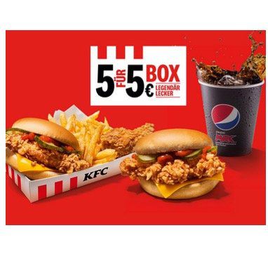 KFC 5für5: Box mit 2 Burgern, 1 Hot Wing, Pommes und Getränk für 5€