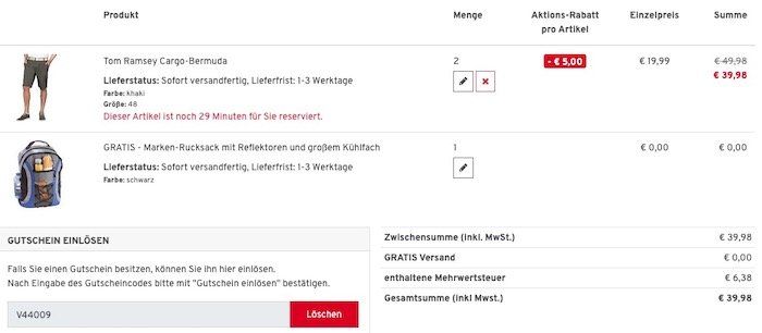 2er Pack Tom Ramsey Cargo-Bermudas für 39,98€ + Nordcap Rucksack mit ...