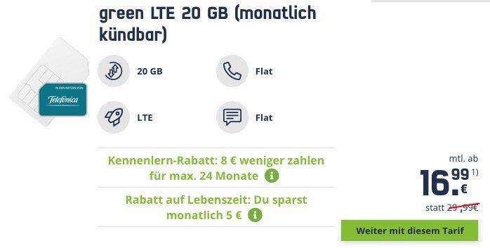 o2 Allnet-Flat mit 20GB LTE Max für 16,99€ (monatlich kündbar!) - oder ...