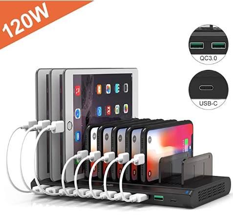 120W USB Ladestation mit 10 USB-Ports inkl. 2x QC 3.0 Ports & USB-C ...