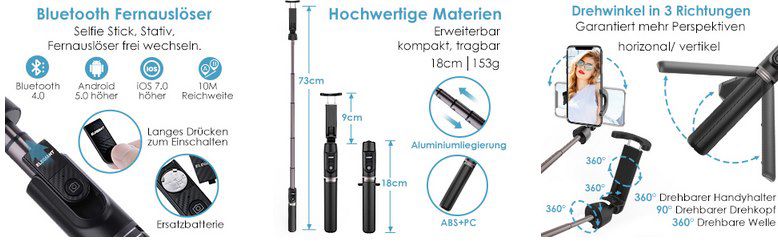 Elegiant EGS-005 3in1 Selfie Stick & Stativ für 10,79€ (statt 18€) - Prime