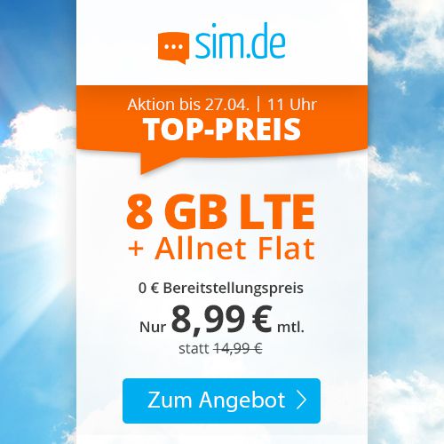 Sim.de o2 Allnet-Flat mit 8GB LTE für 8,99€ mtl. – nur 3 Monate Laufzeit