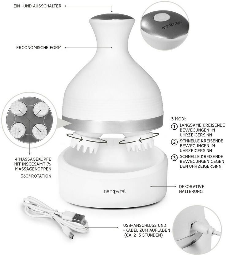 nah-vital - elektrisches Kopfmassagegerät mit 360°-Rotationsmassage für ...