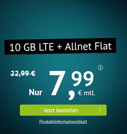 o2 AllNet & SMS Flat + 10GB LTE mit 50 Mbit/s für 7,99€ oder 20GB für ...