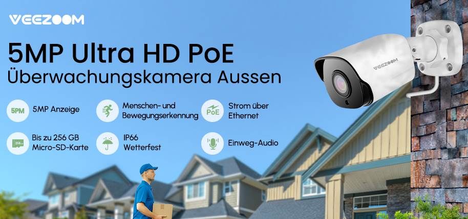 VEEZOOM 5MP PoE IP CCTV Kamera mit Bewegungserkennung & 30m Nachtsicht ...