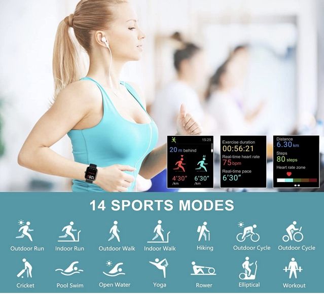 LATEC ID206 Smartwatch mit 1,69 Zoll Display mit Herfrequenz- & SpO2 ...