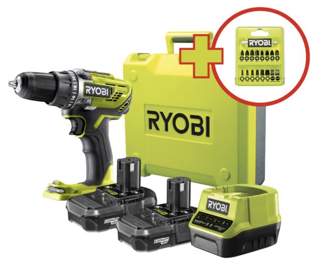 Ryobi R18DD3-220T ONE+ Akku-Bohrschrauber inkl. Bit-Set, 2 Akkus ...