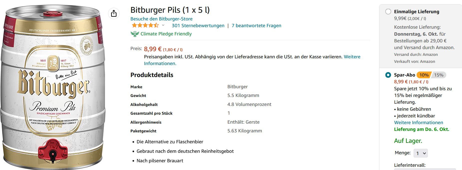 Bitburger Premium Pils 5 Liter Partyfass ab 8,99€ (statt 16€)