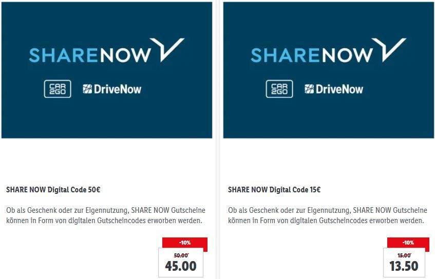 Lidl: 10% Rabatt auf Share Now Guthabenkarten - z.B. 100€ Guthaben für 90€