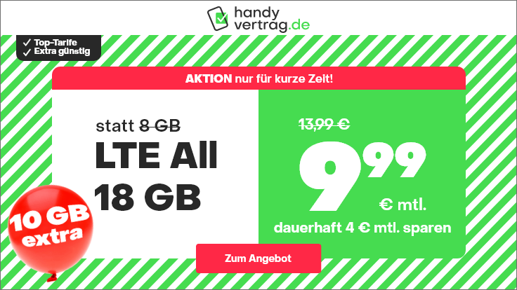 Handyvertrag.de: o2 Allnet-Flat mit 18GB für 9,99€ - nur 1 Monat Laufzeit
