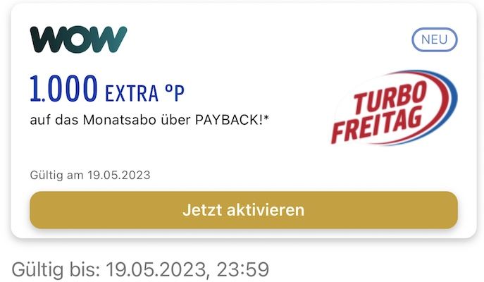 Payback: 1.100 oder 1.600 Extra Punkte auf WOW Monatsabo