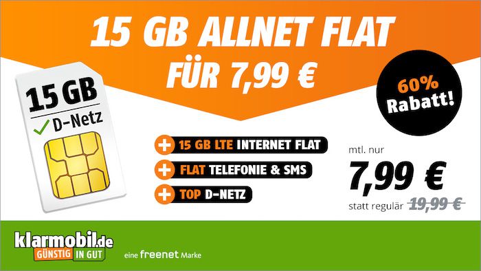 🔥 Vodafone Allnet-Flat mit 15GB LTE50 für 7,99€ mtl. + keine AG