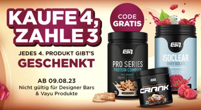 Fitmart: Kaufe 4 zahl 3 - günstiges ESN Whey & Protein Snacks