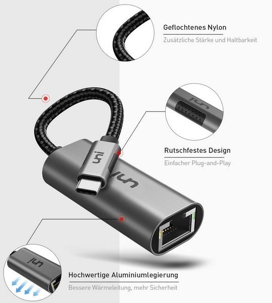 Uni USB C auf Ethernet (RJ45 Gigabit) Adapter für 11,42€ (statt 20€)