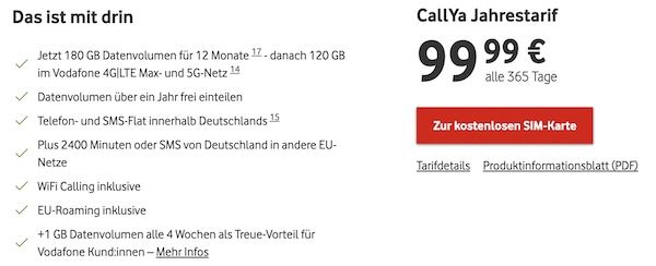 📱 Vodafone CallYa Jahrestarif mit 180GB 5G für 99,99€ + 30€ Bonus