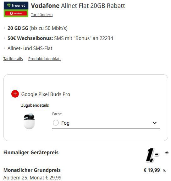 📱Google Pixel 8a +Pixel Buds Pro für 1€ + Vodafone 20GB 5G Allnet für 19,99€ mtl. + 50€ Bonus