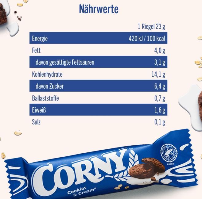 🍫 Corny Classic Cookies & Cream - 60 Riegel á 23g ab 13,54€ (statt 18€)