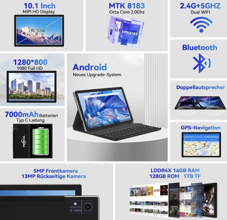 Feonal 10 Zoll Tablet mit 8/128GB mit Maus & Tastatur für 99,99€ (statt ...