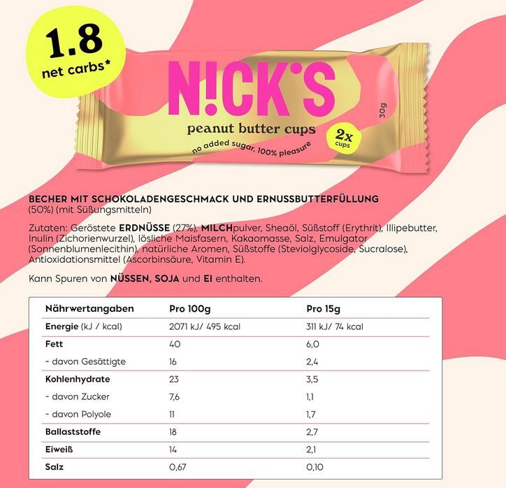 🍫 12 x 2er Pack NICKS Low Carb Peanut Butter Cups ab 12,84€ (statt 19€)